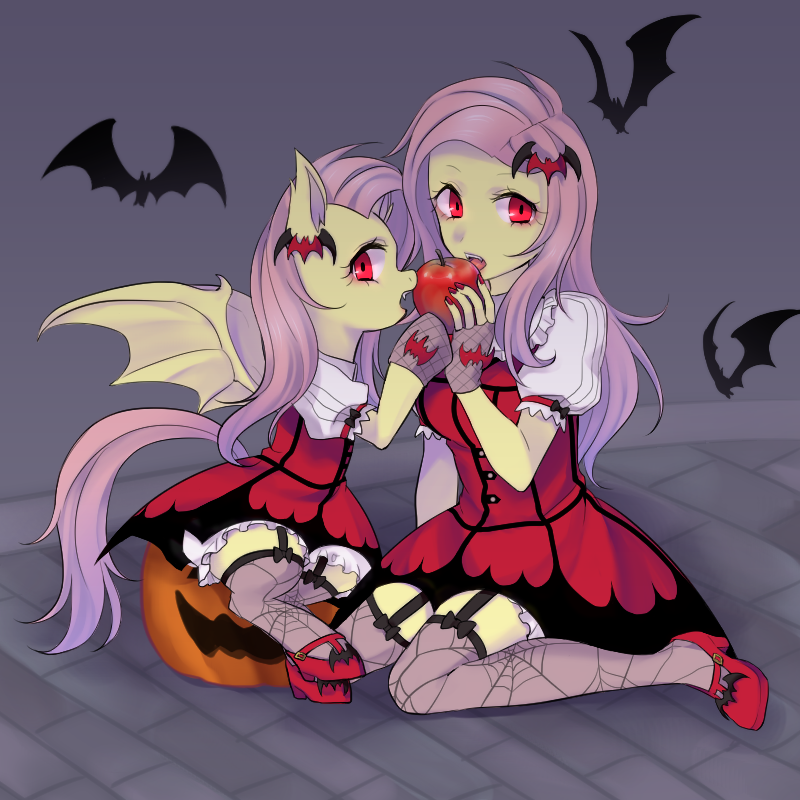 #994171 - safe, artist:kona1025, fluttershy, bat pony, human, pony ...