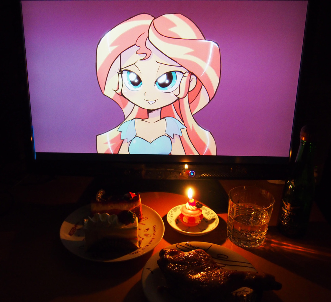 #1053921 - safe, artist:k-nattoh, sunset shimmer, equestria girls, cake ...