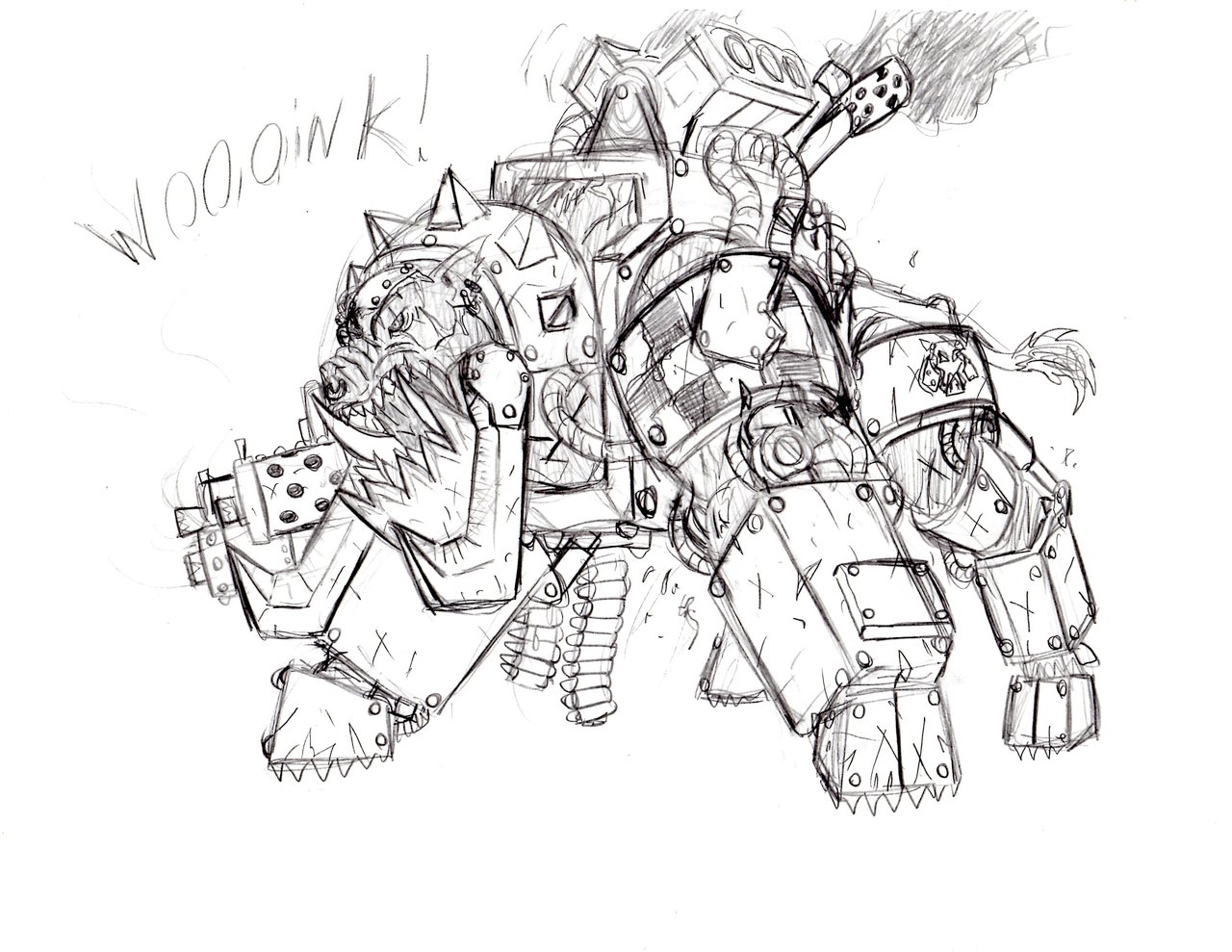 #876089 - safe, artist:cahook2, hog, ork, pig, armor, dakka, grayscale ...