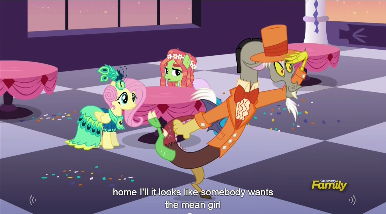 #899553 - safe, screencap, discord, fluttershy, tree hugger, make new ...