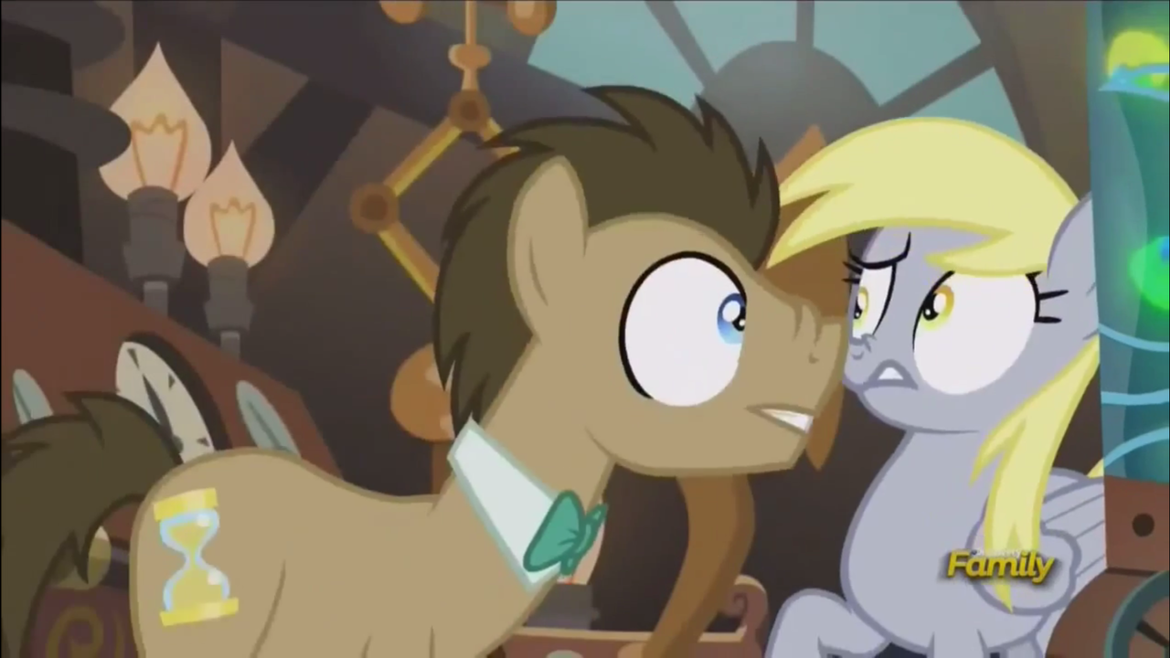 #916195 - safe, screencap, derpy hooves, doctor whooves, time turner ...
