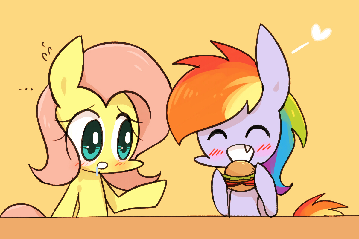 #910648 - safe, artist:joycall6, fluttershy, rainbow dash, g4, blushing, drool, hay burger ...