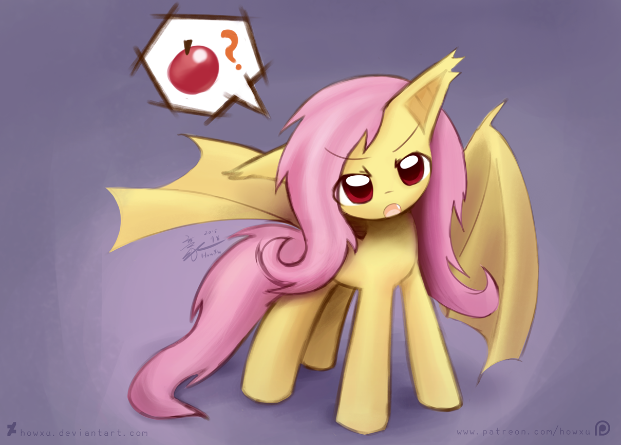 #932662 - safe, artist:howxu, fluttershy, bat pony, pony, g4, apple ...