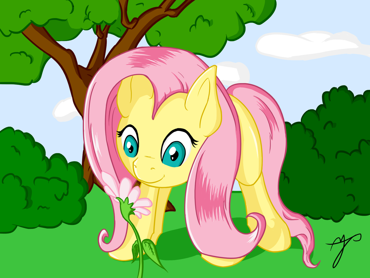 #952426 - safe, artist:taxar, fluttershy, g4, bush, colored, cute ...
