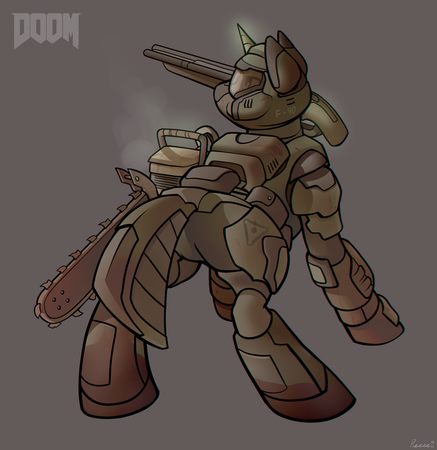 #1069047 - safe, artist:whitepone, pony, armor, chainsaw, doom, doom ...