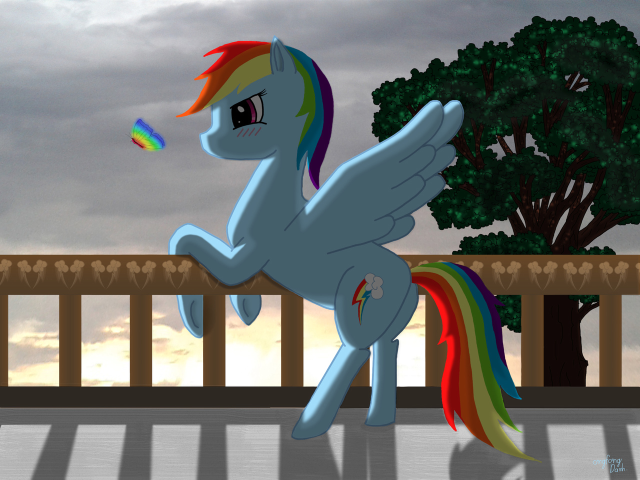 #1072241 - safe, rainbow dash, butterfly, g4, female, leaning on ...