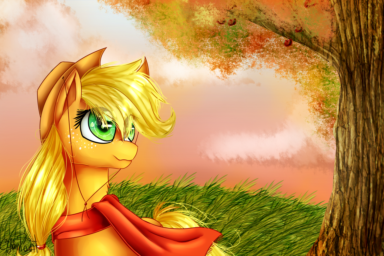 1268378 Safe Artist Wolfchen999 Applejack G4 Apple Tree Autumn