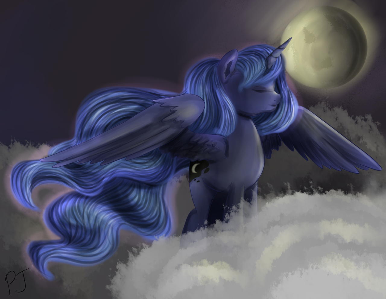 #1082266 - safe, artist:unicorn2000, princess luna, cloud, female, moon ...