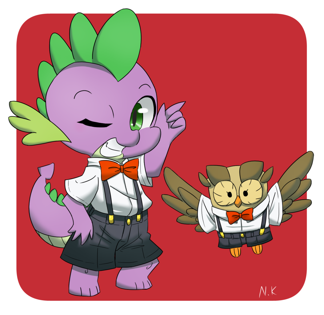 #1109275 - safe, artist:niwano_kei, owlowiscious, spike, g4, clothes ...