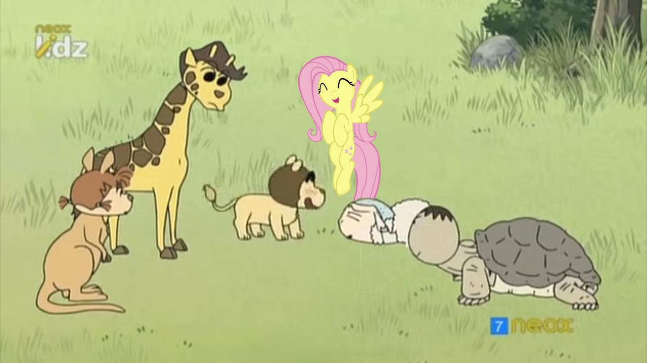 #1110411 - safe, fluttershy, big cat, giraffe, kangaroo, lion, pegasus ...
