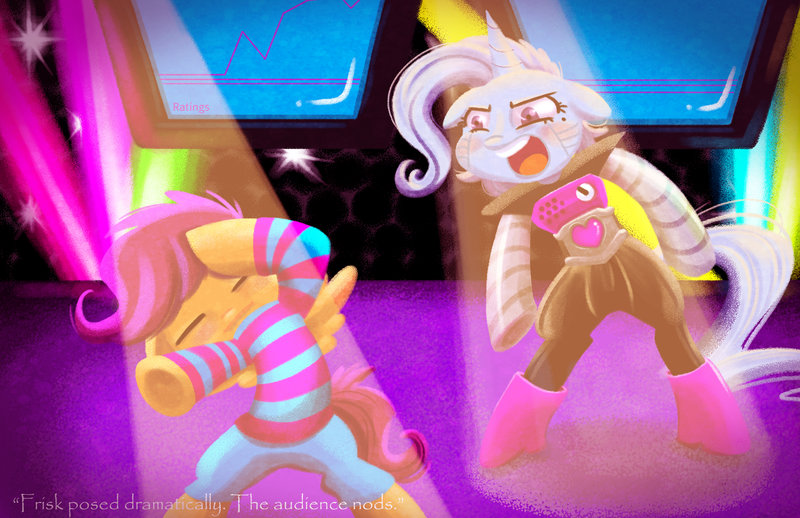 #1131688 - safe, artist:bunnimation, scootaloo, trixie, pony, bipedal, crossover, dancing, frisk ...