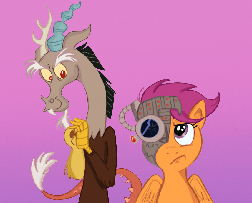 #1136386 - safe, artist:praysforaprankster, discord, scootaloo, pony ...