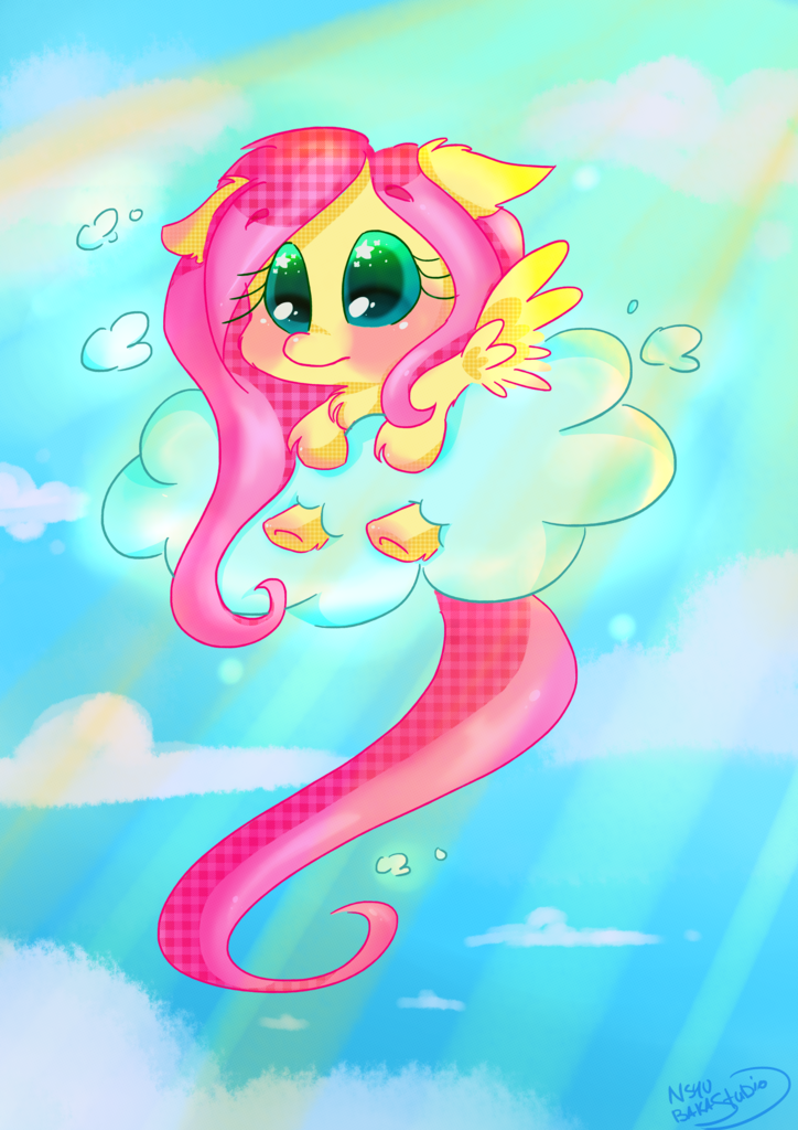 #1186844 - safe, artist:nsyubakastudio, fluttershy, cloud, crepuscular ...