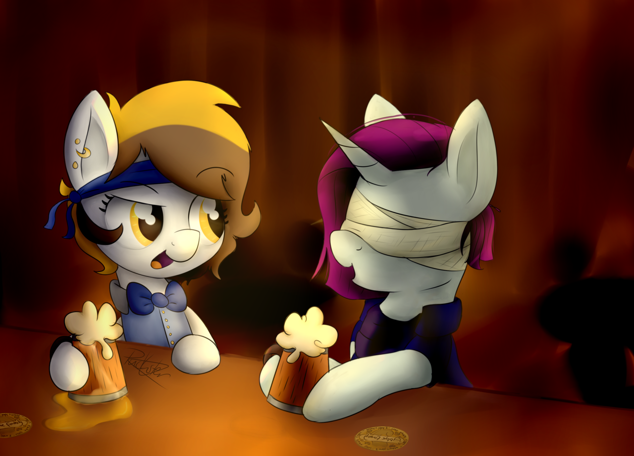 #1189362 - safe, artist:pucksterv, oc, oc only, oc:captain caramel, bandage, blindfold, cider ...