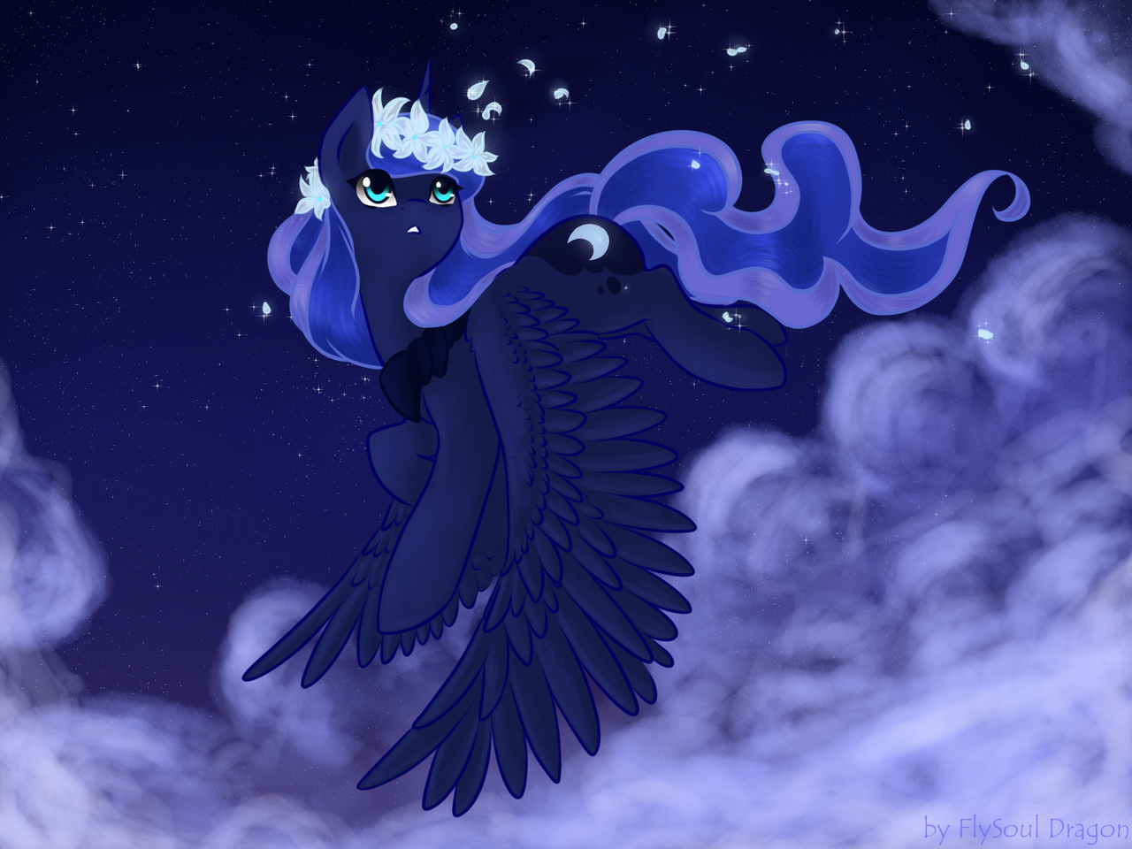#1169868 - safe, artist:sinrinf, princess luna, cloud, female, floral ...