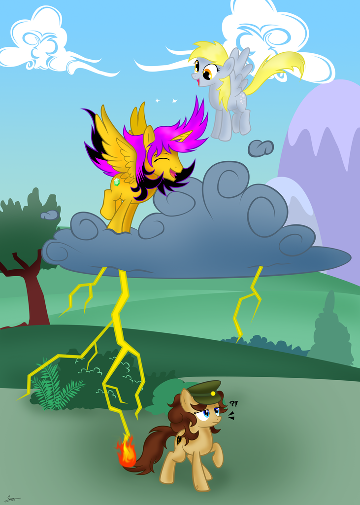 #1199469 - safe, artist:suzano, derpy hooves, oc, oc:arcane, oc ...