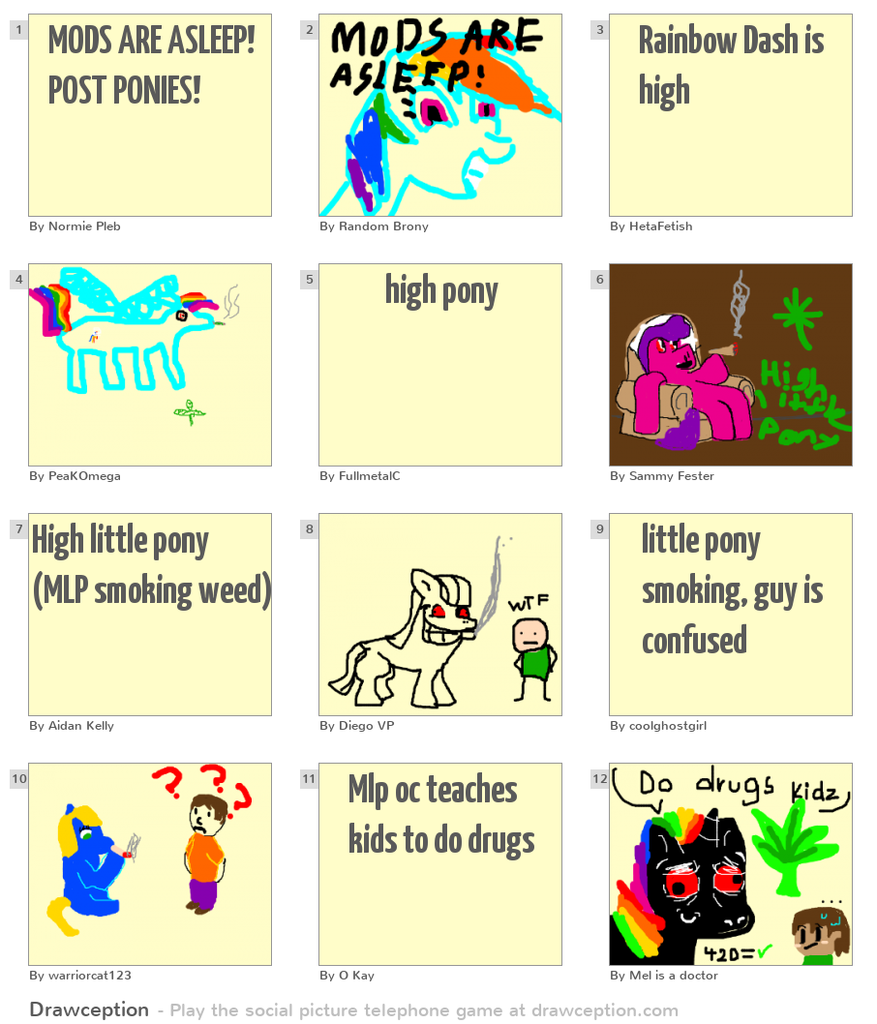#1201461 - safe, rainbow dash, oc, g4, 420, drawception, drugs, high, marijuana, mods are asleep ...