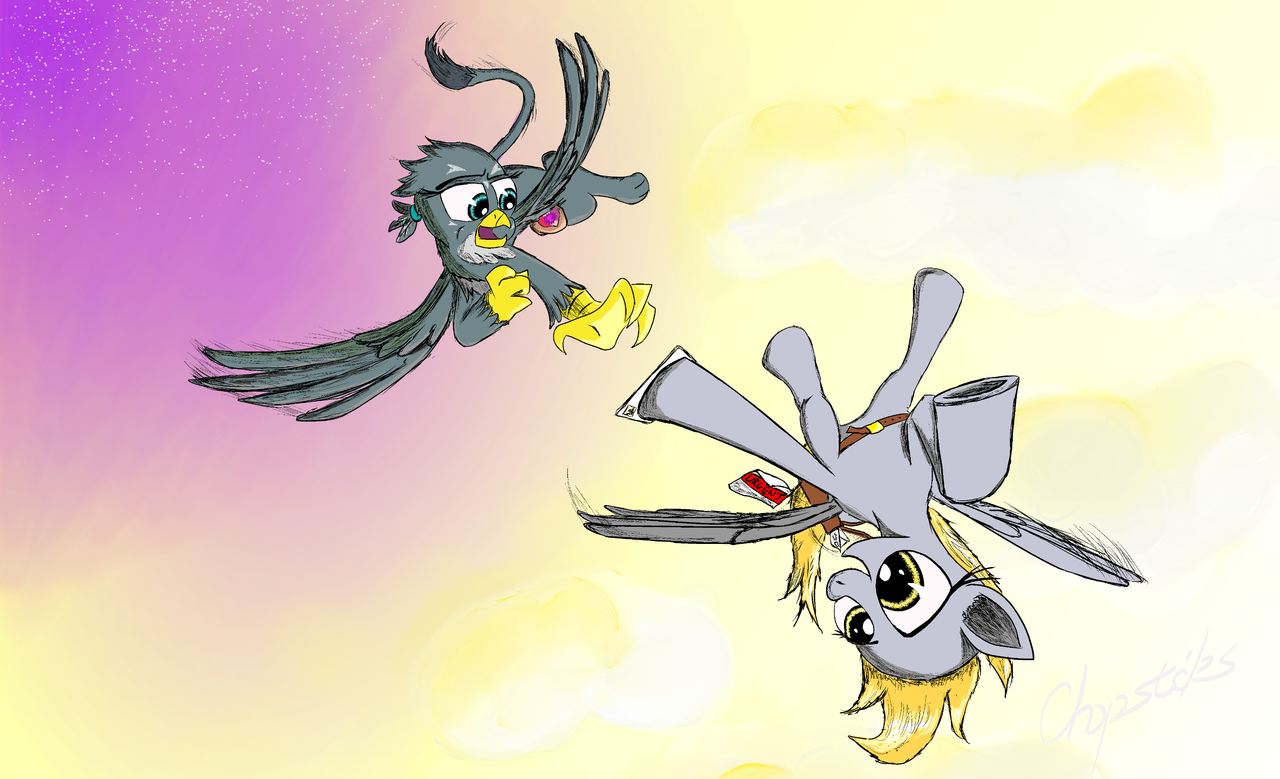 #1256179 - safe, artist:chopsticks, derpy hooves, gabby, griffon ...