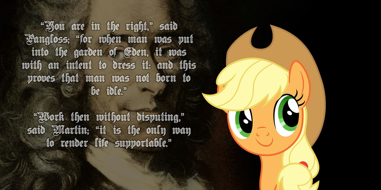 #1258789 - safe, applejack, g4, candide, quote, vector, voltaire ...