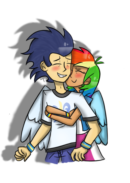 #1245305 - safe, artist:sisirr, rainbow dash, soarin', human, hug ...