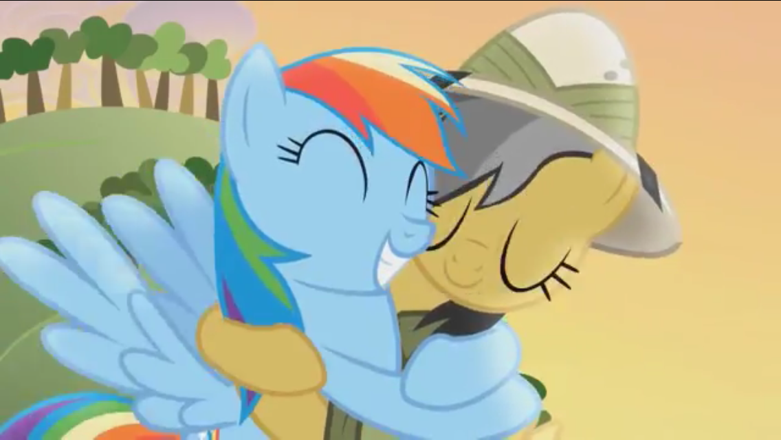 #1592473 - safe, screencap, daring do, rainbow dash, daring don't, g4, eyes closed, grin, hug ...