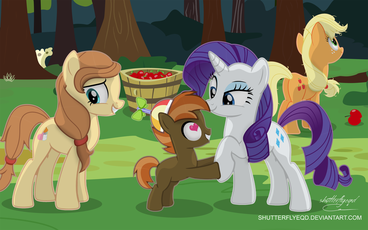 #1355427 - safe, artist:shutterflyeqd, applejack, button mash, rarity, oc, oc:cream heart, earth ...