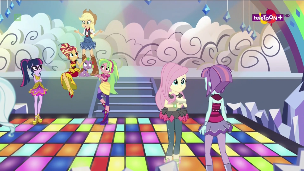 #1436424 - safe, screencap, applejack, fluttershy, lemon zest, sci-twi ...