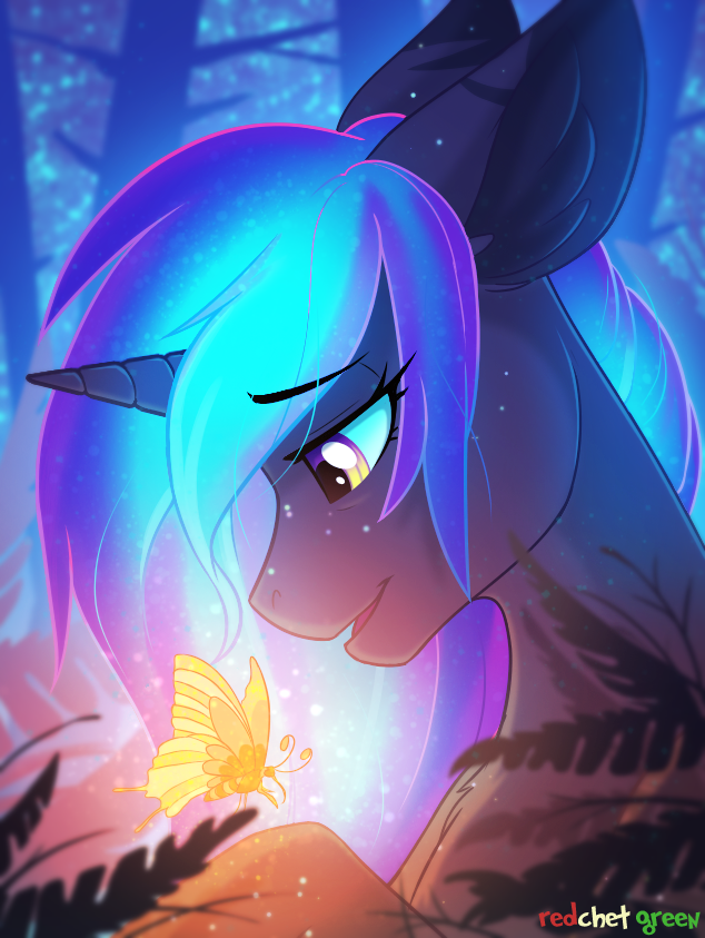 #1636568 - safe, artist:redchetgreen, oc, oc only, oc:fiery comet, butterfly, pony, unicorn ...