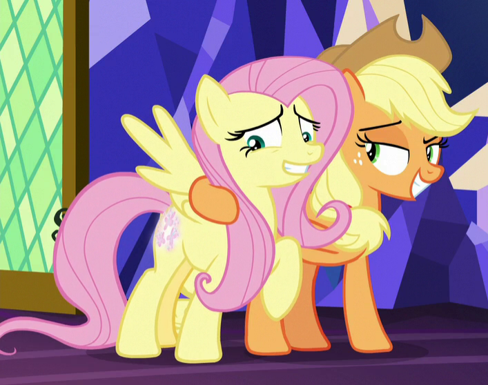 1845311 Safe Screencap Applejack Fluttershy G4 Sounds Of Silence Cropped Duo Female
