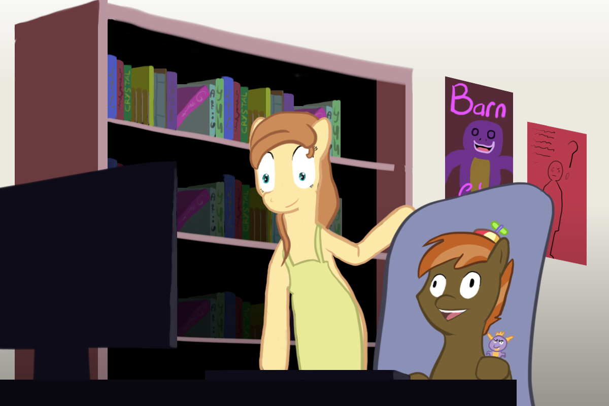 #1853339 - safe, artist:skytunnel, button mash, oc, oc:cream heart, pony, barney the dinosaur ...