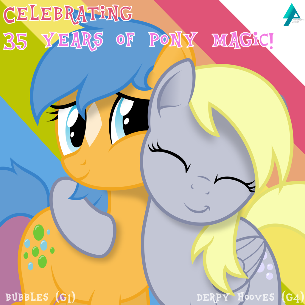 #1858067 - safe, artist:arifproject, bubbles (g1), derpy hooves, 35th ...