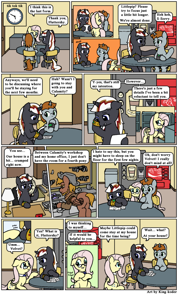 #1876662 - safe, artist:king-koder, fluttershy, oc, oc:littlepip, oc:velvet remedy, comic:post ...