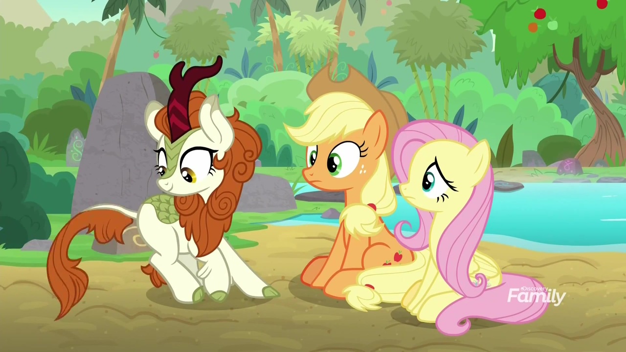 #1876950 - safe, screencap, applejack, autumn blaze, fluttershy, kirin, pony, sounds of silence ...
