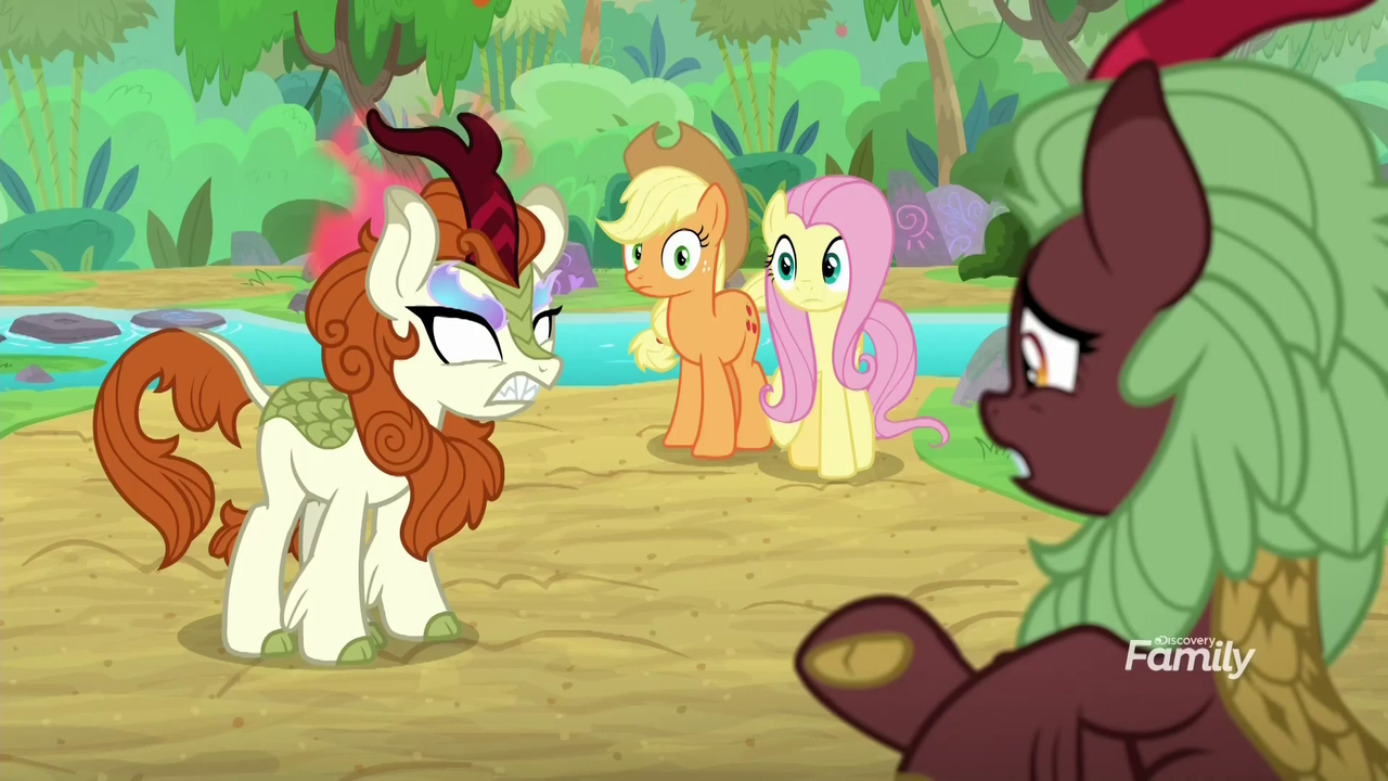 #1877933 - safe, screencap, applejack, autumn blaze, cinder glow, fluttershy, summer flare ...