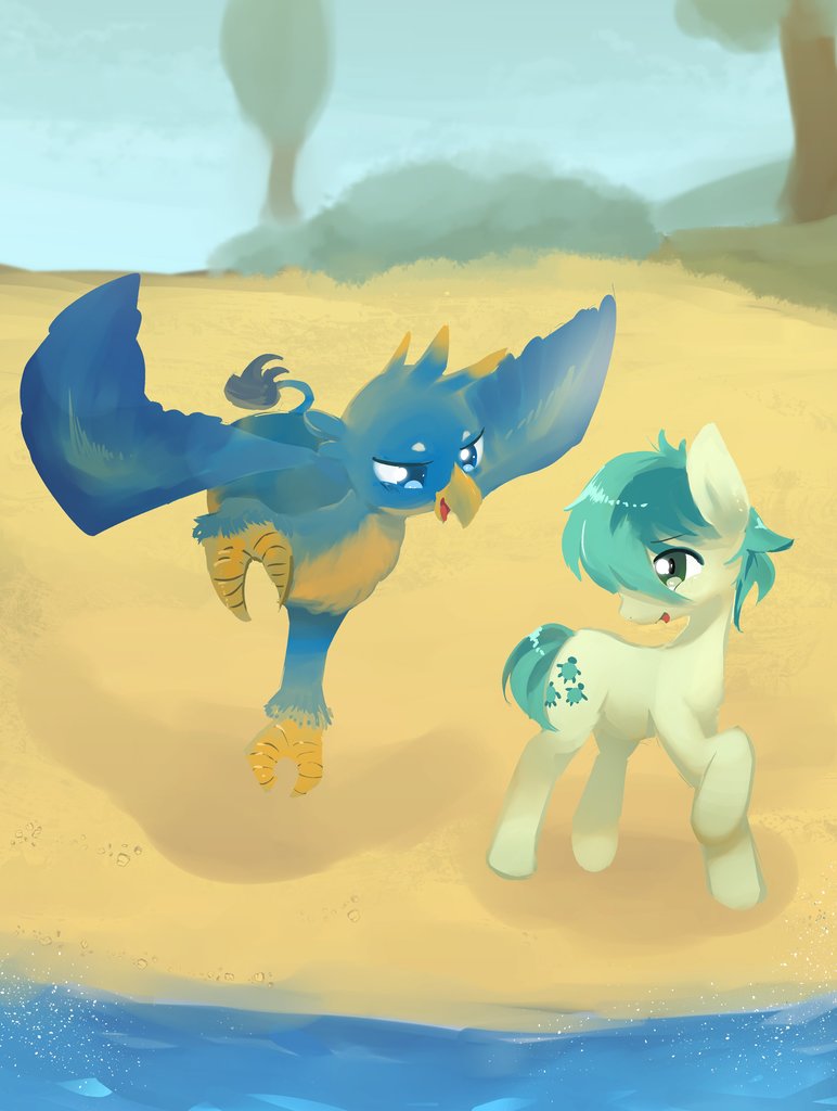 #1699898 - safe, artist:yajima, gallus, sandbar, earth pony, griffon ...