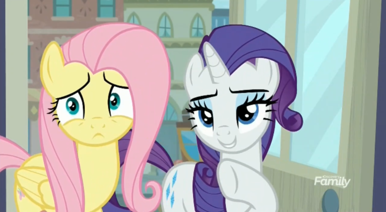 #1701822 - safe, screencap, fluttershy, rarity, fake it 'til you make ...