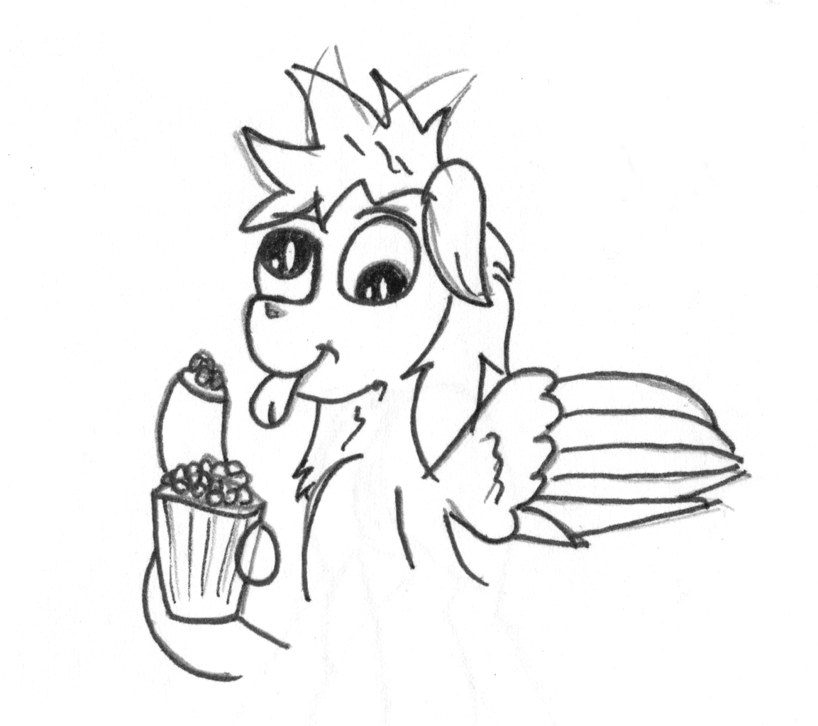 #1764755 - safe, artist:pegasko, :p, derp, food, popcorn, scan, silly ...