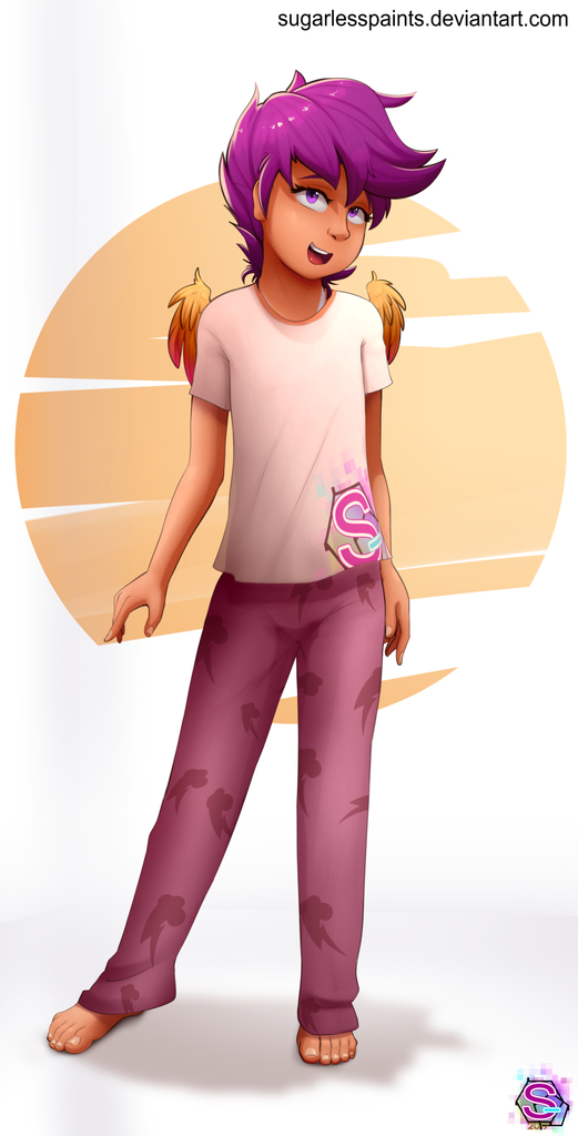 #1794959 - safe, artist:sugarlesspaints, scootaloo, human, g4, abstract background, barefoot ...
