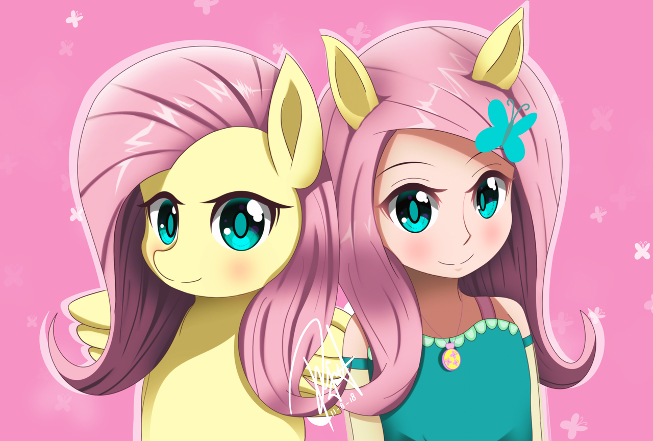 #1803891 - safe, artist:drakesparkle44, fluttershy, human, pony ...