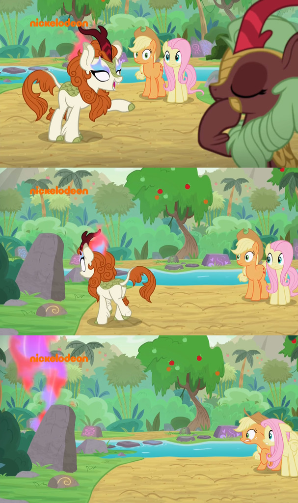 #1822204 - safe, edit, edited screencap, screencap, applejack, autumn blaze, cinder glow ...
