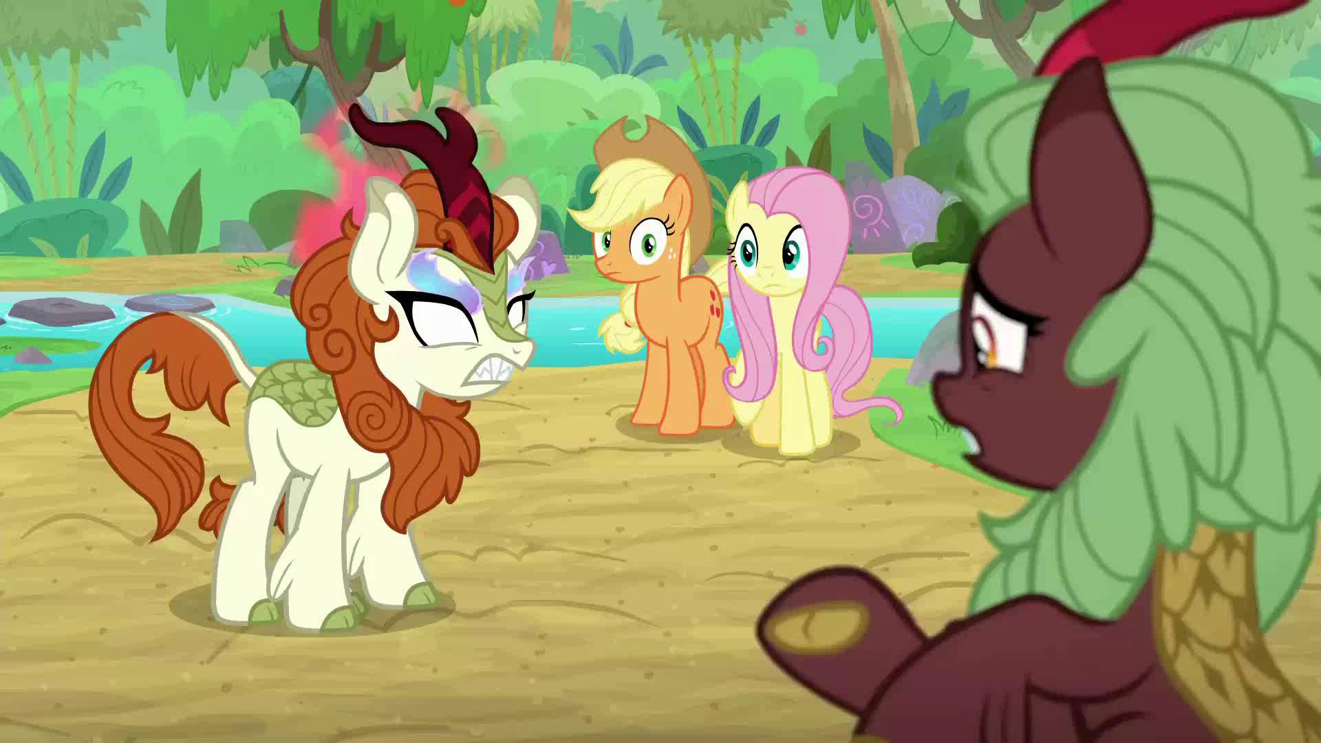 #1844647 - safe, edit, edited screencap, screencap, applejack, autumn blaze, cinder glow ...