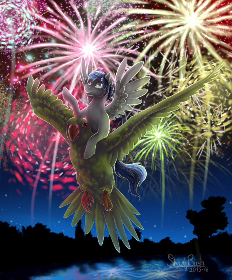 #2200928 - safe, artist:shady-bush, oc, bird, pegasus, pony, fireworks ...