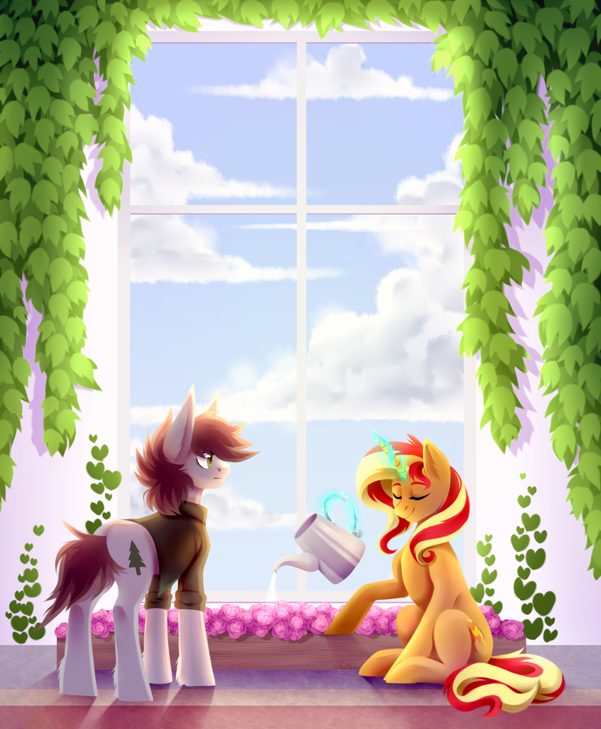 #2223770 - safe, artist:djkaskan, sunset shimmer, oc, oc:kova, pony ...