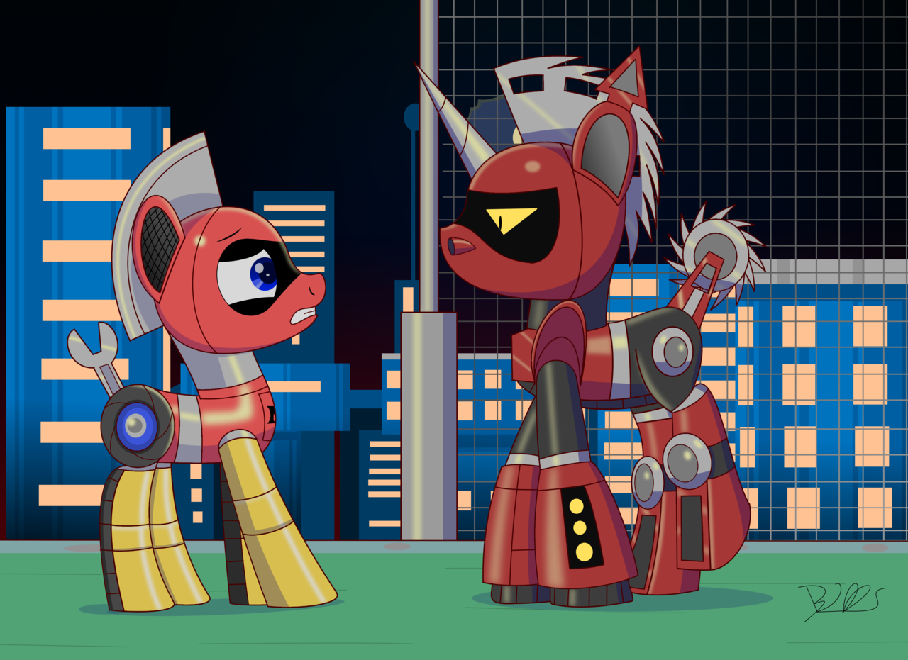 #1975684 - safe, artist:trackheadtherobopony, oc, oc:buzzsaw, oc:trackhead, pony, robot, robot ...