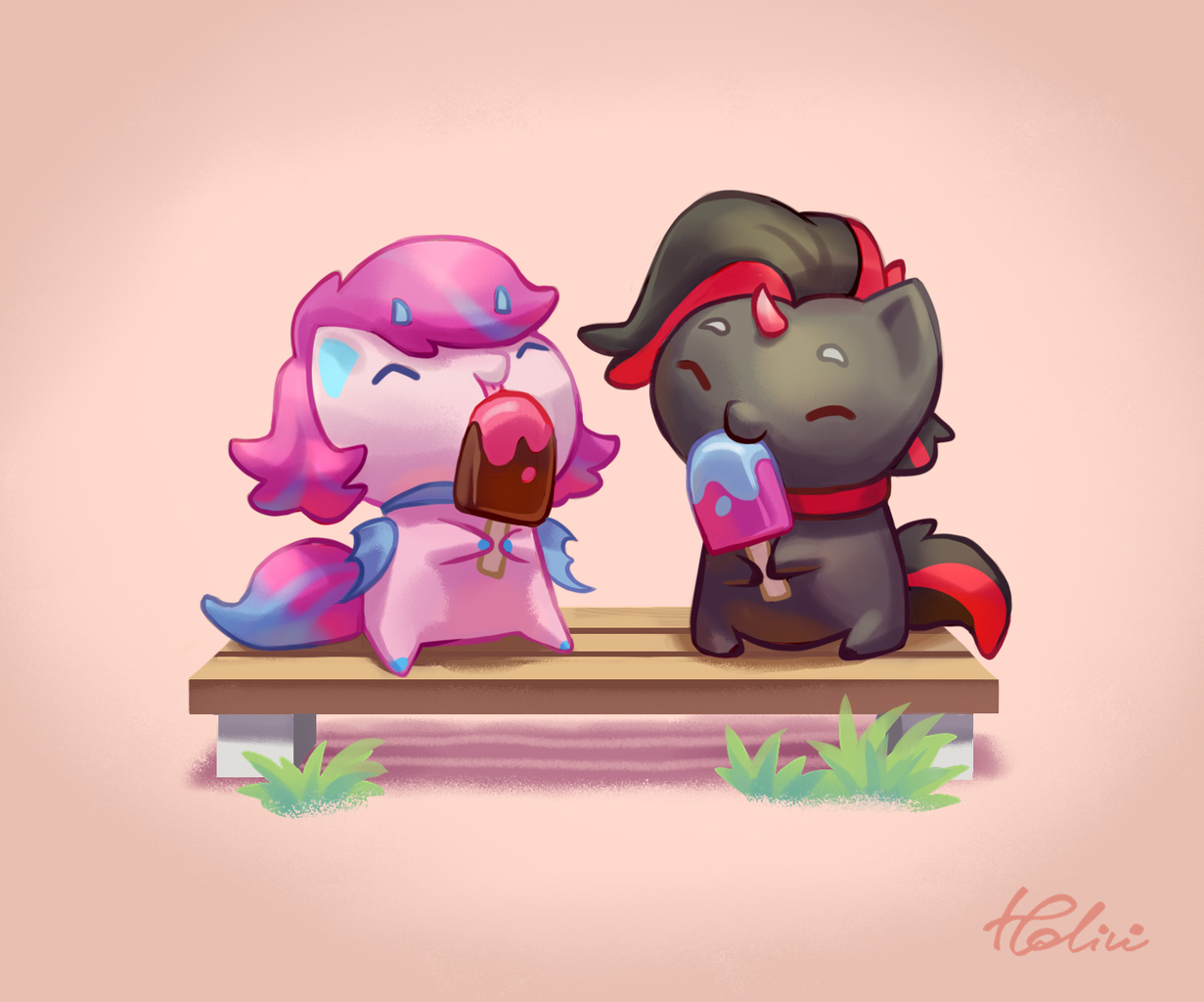 #1976849 - safe, artist:holivi, oc, devil, bench, chibi, food, ice ...