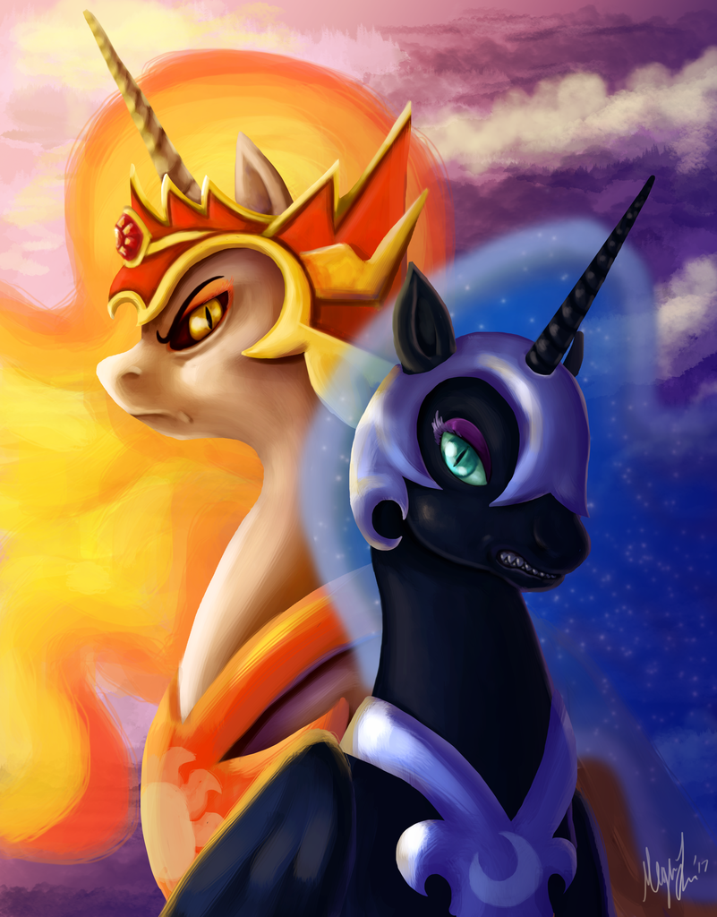 #2000627 - safe, artist:millyd13, daybreaker, nightmare moon, pony, g4 ...