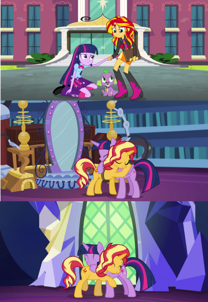 #2001101 - safe, screencap, spike, sunset shimmer, twilight sparkle ...