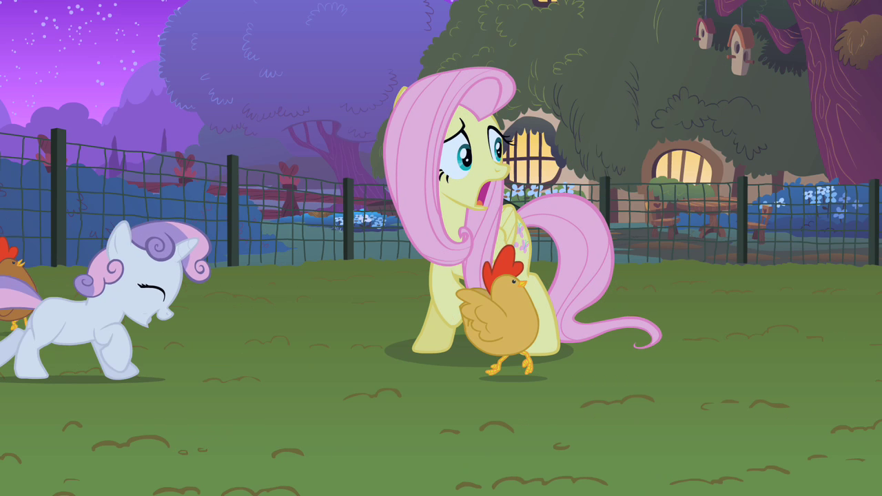 #2023092 - safe, screencap, fluttershy, sweetie belle, bird, chicken ...