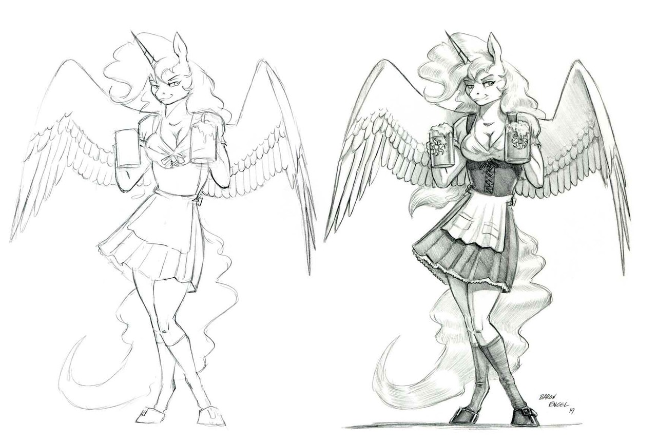 2038399 Safe Artistbaron Engel Princess Celestia Alicorn Anthro G4 Bar Maid Breasts