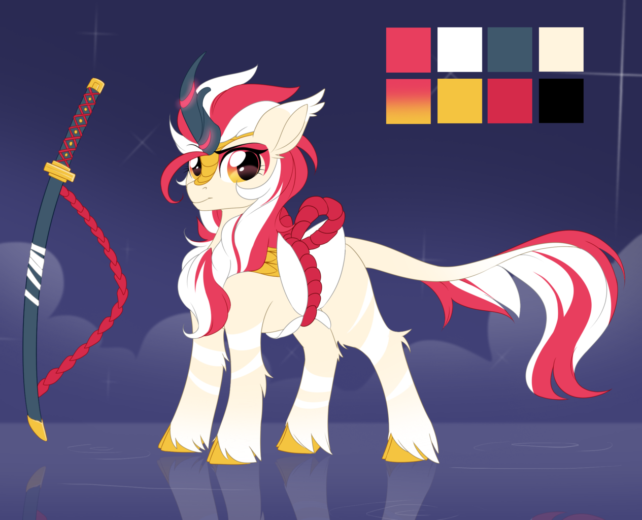 #2095295 - safe, artist:redchetgreen, oc, oc only, kirin, katana, kirin oc, reference sheet ...